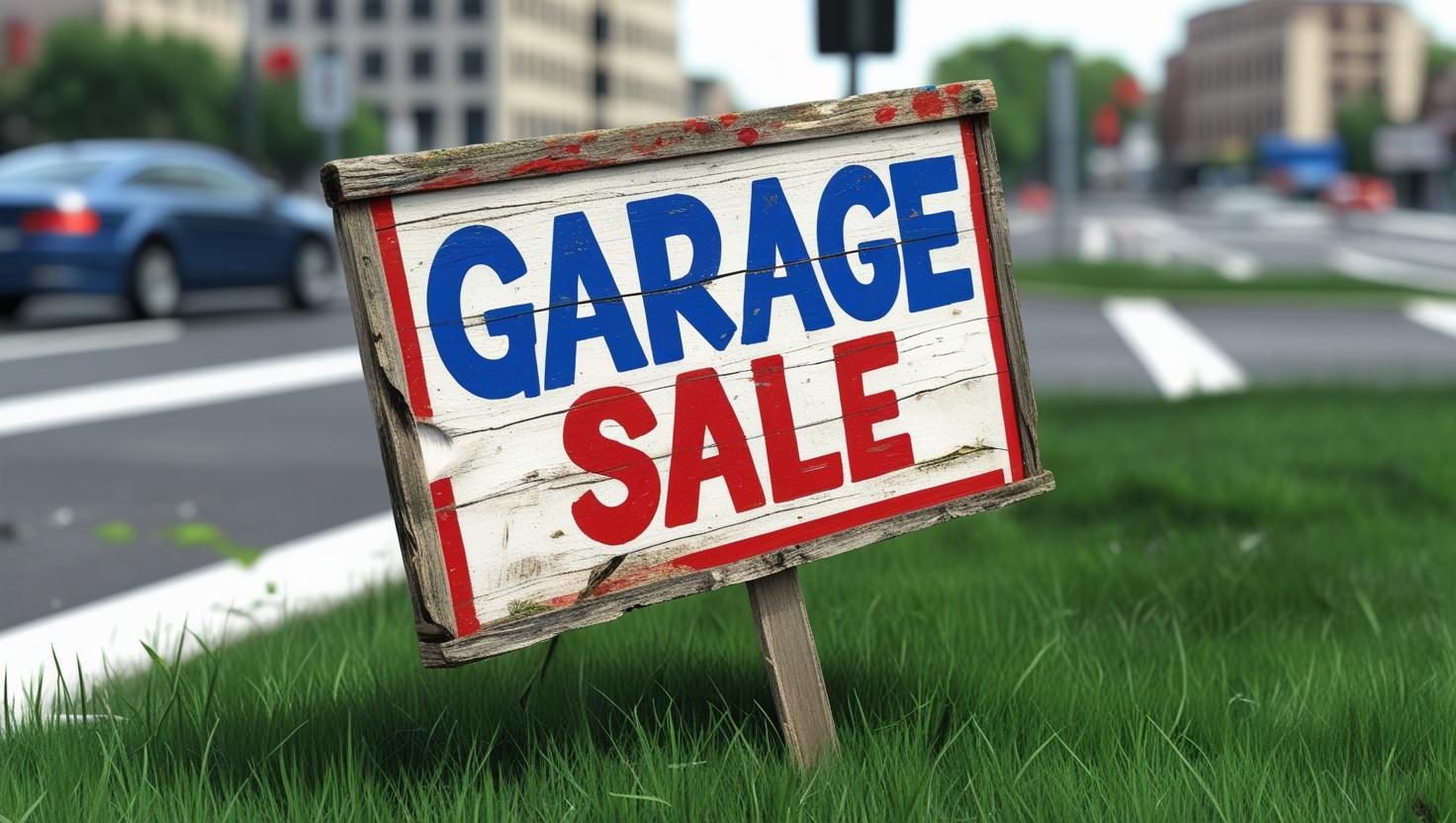 a garage sale sign at an intersectionPeony Lane Designs