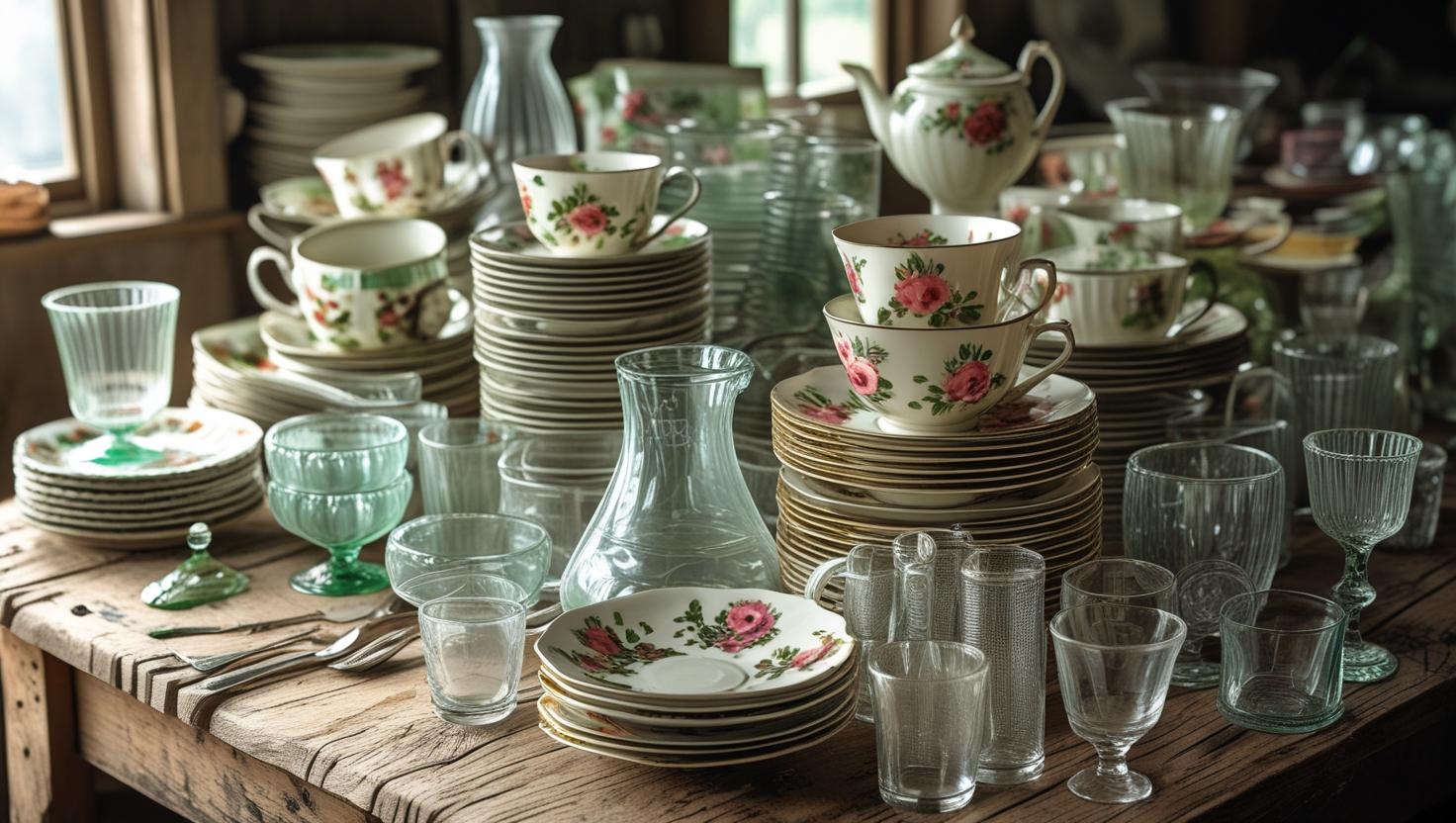 Glassware stacked on a table at a garage salePeony Lane Designs